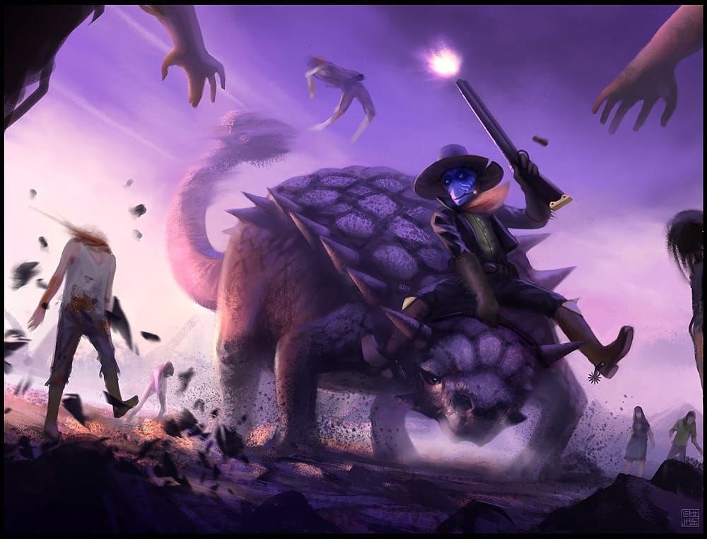 An alien cowboy, riding a dino while shooting zombies