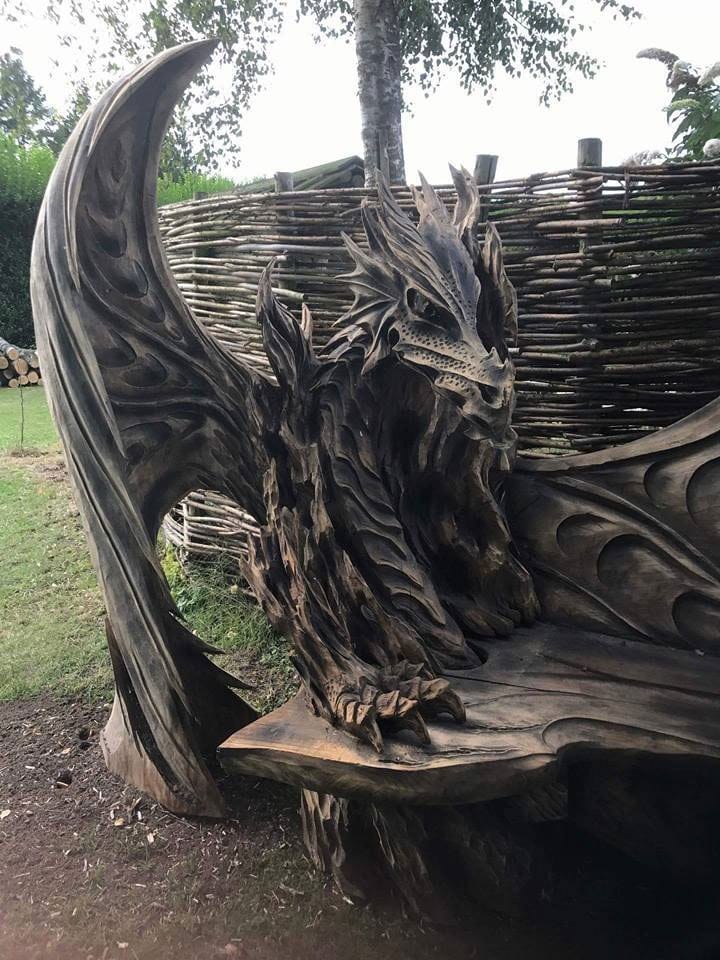 Chainsaw carved dragon bench