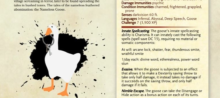 The Nameless Goose from the Untitled Goose Game gets a D&D stat block