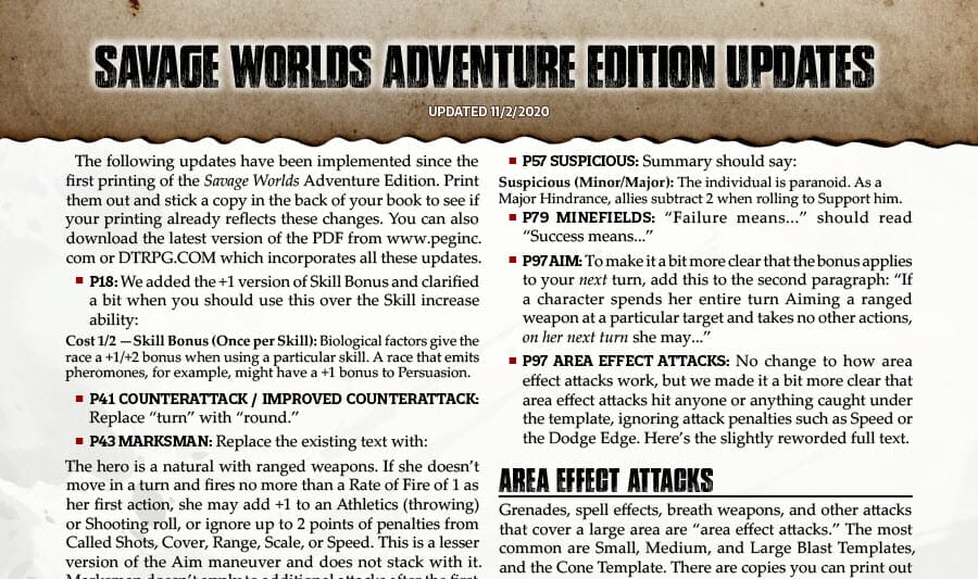 Savage Worlds Adventure Edition errata: PEG update the rules