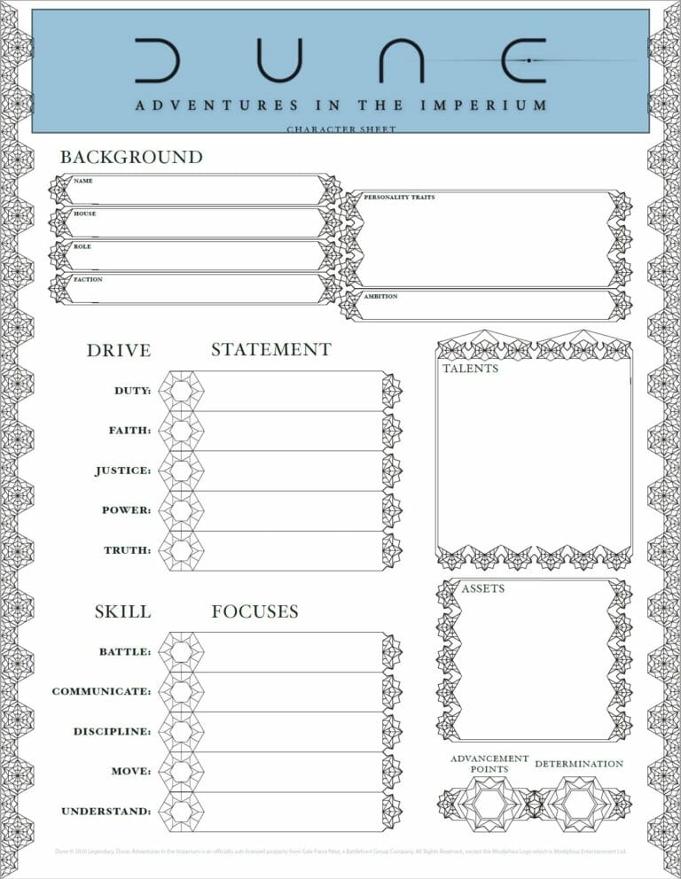 Dune RPG: Modiphius reveals character sheets for Dune: Adventures in the Imperium