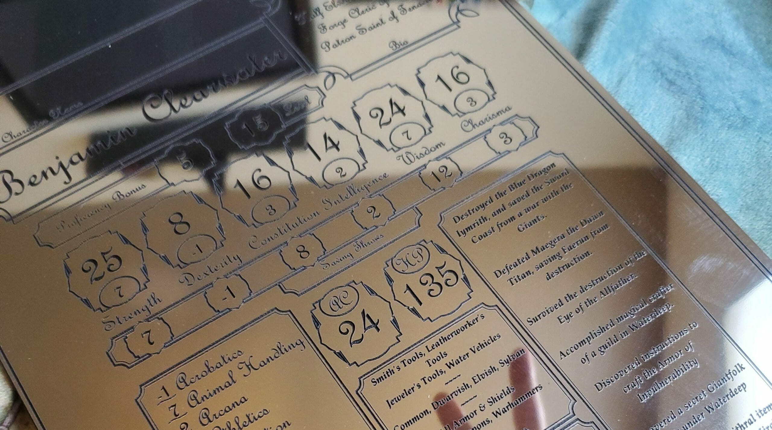 Laser engraved D&D character sheet