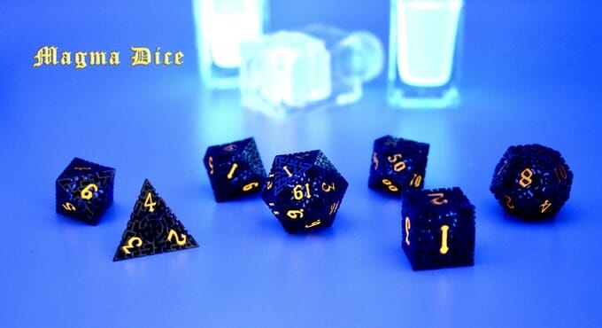 Personalise these maze-decorated dice boxes and glowing magma dice