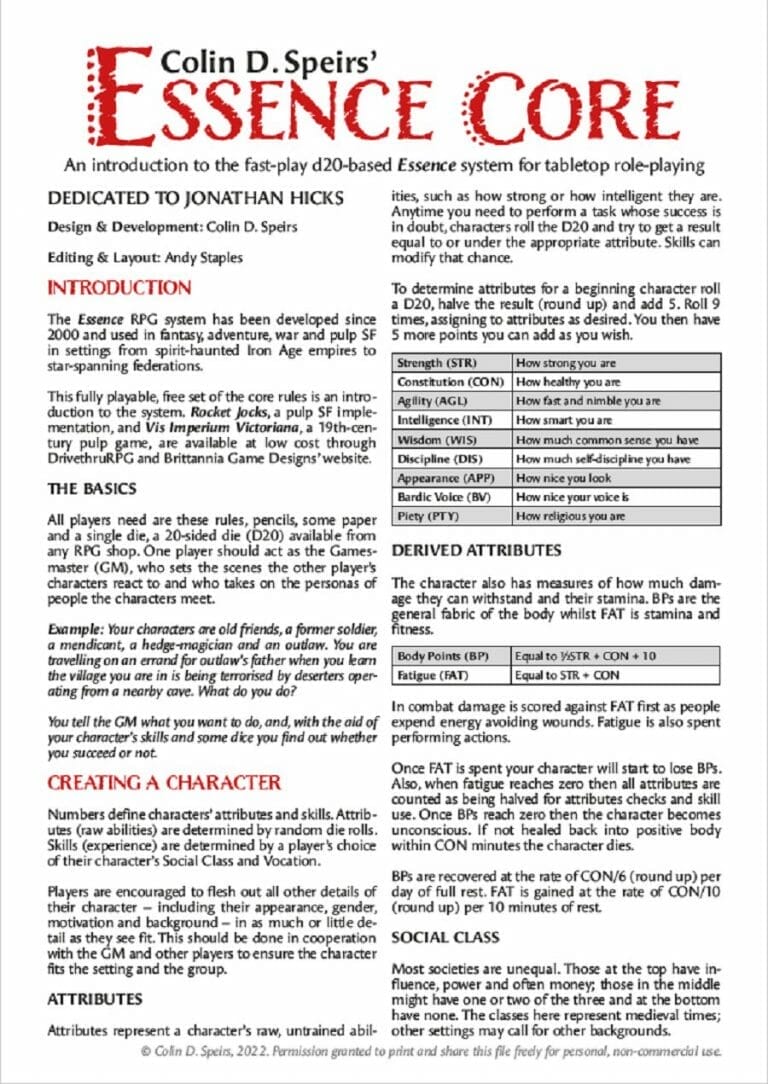 Free to Download: Essence Core RPG