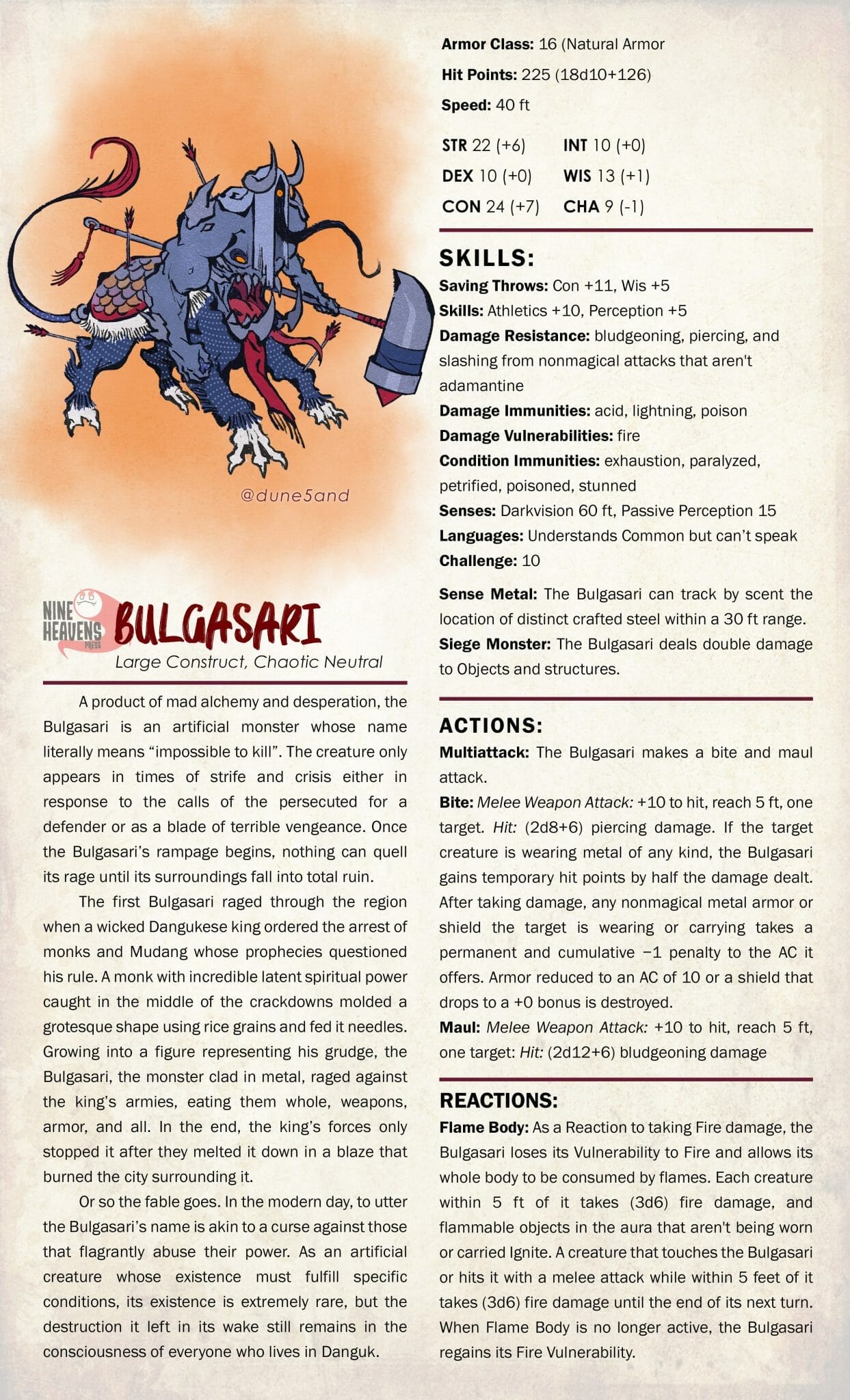 The Bulgasari from Korean mythology is a perfect boss monster for your 5e campaign