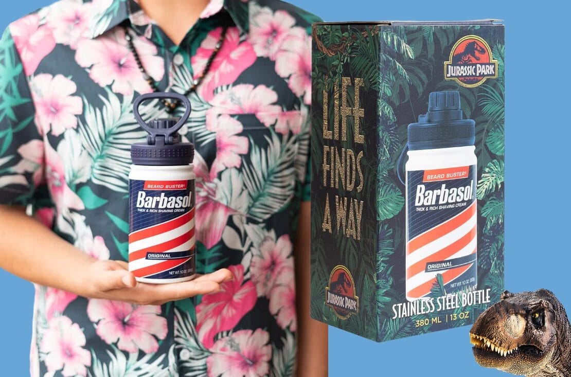 Get your official Jurassic Park Barbasol replica thermal bottle (minus ...