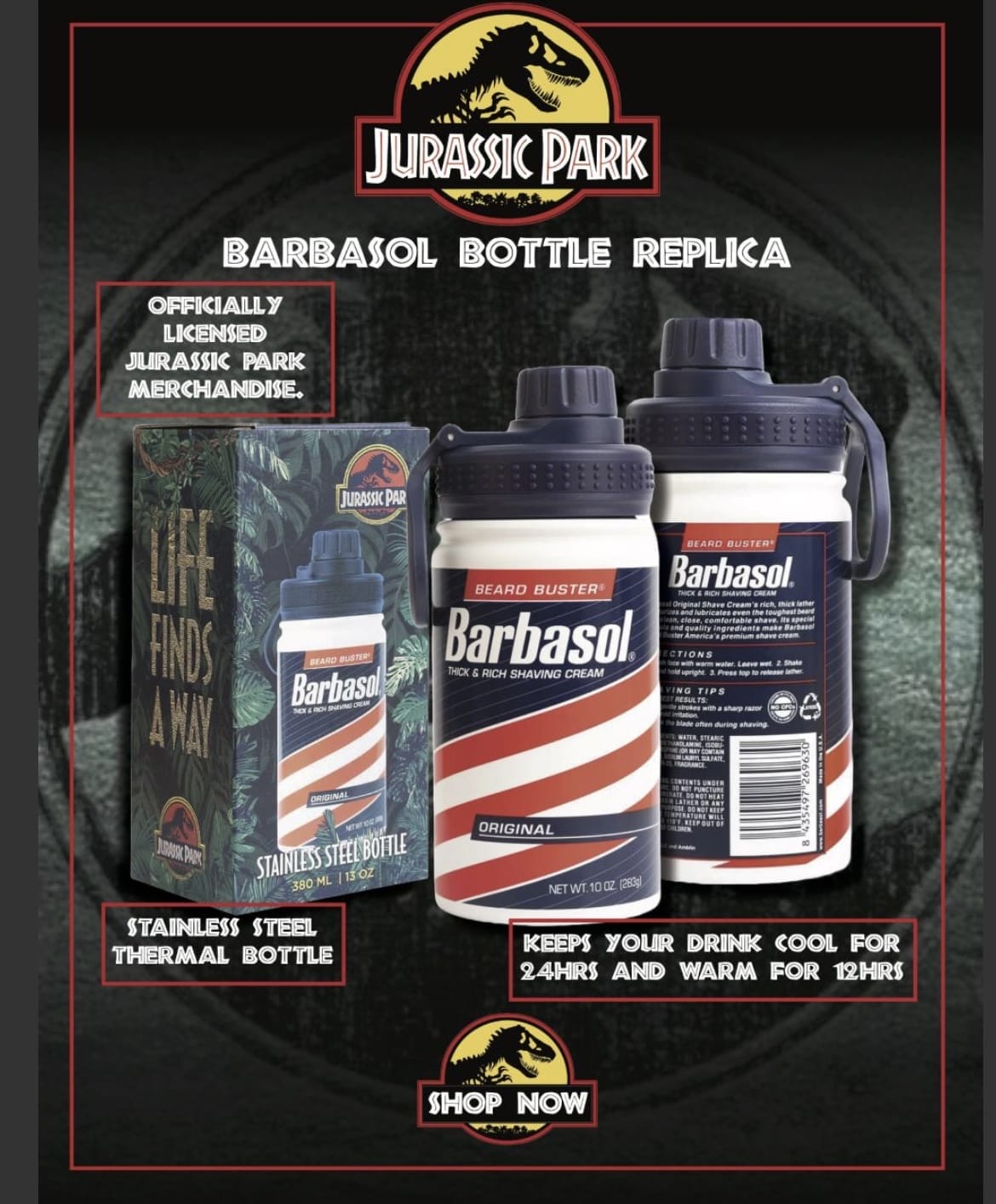 Get your official Jurassic Park Barbasol replica thermal bottle (minus ...