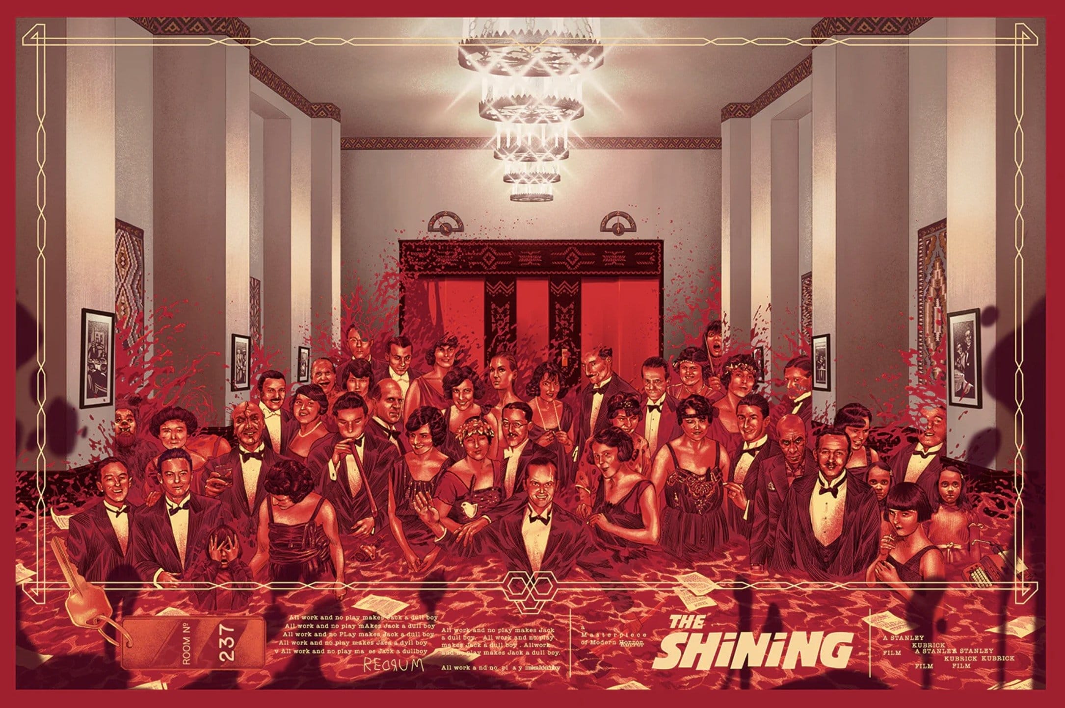 New poster art for 'The Shining' by Artist Kris Miklos featuring ghosts of the Overlook Hotel